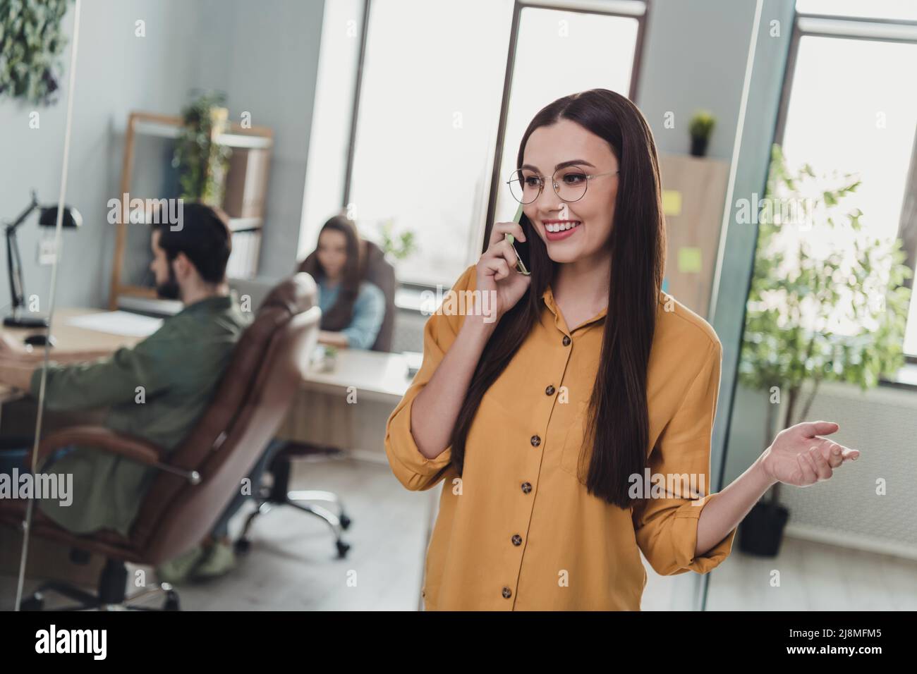 Portrait of office corporate staff cheerful lady speak communicate ...