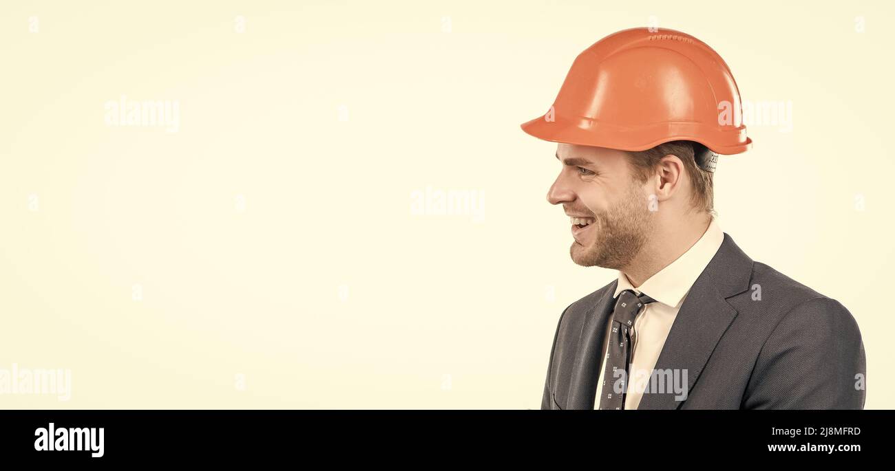 Engineering that works. Civil engineer side-face. Happy engineer in ...