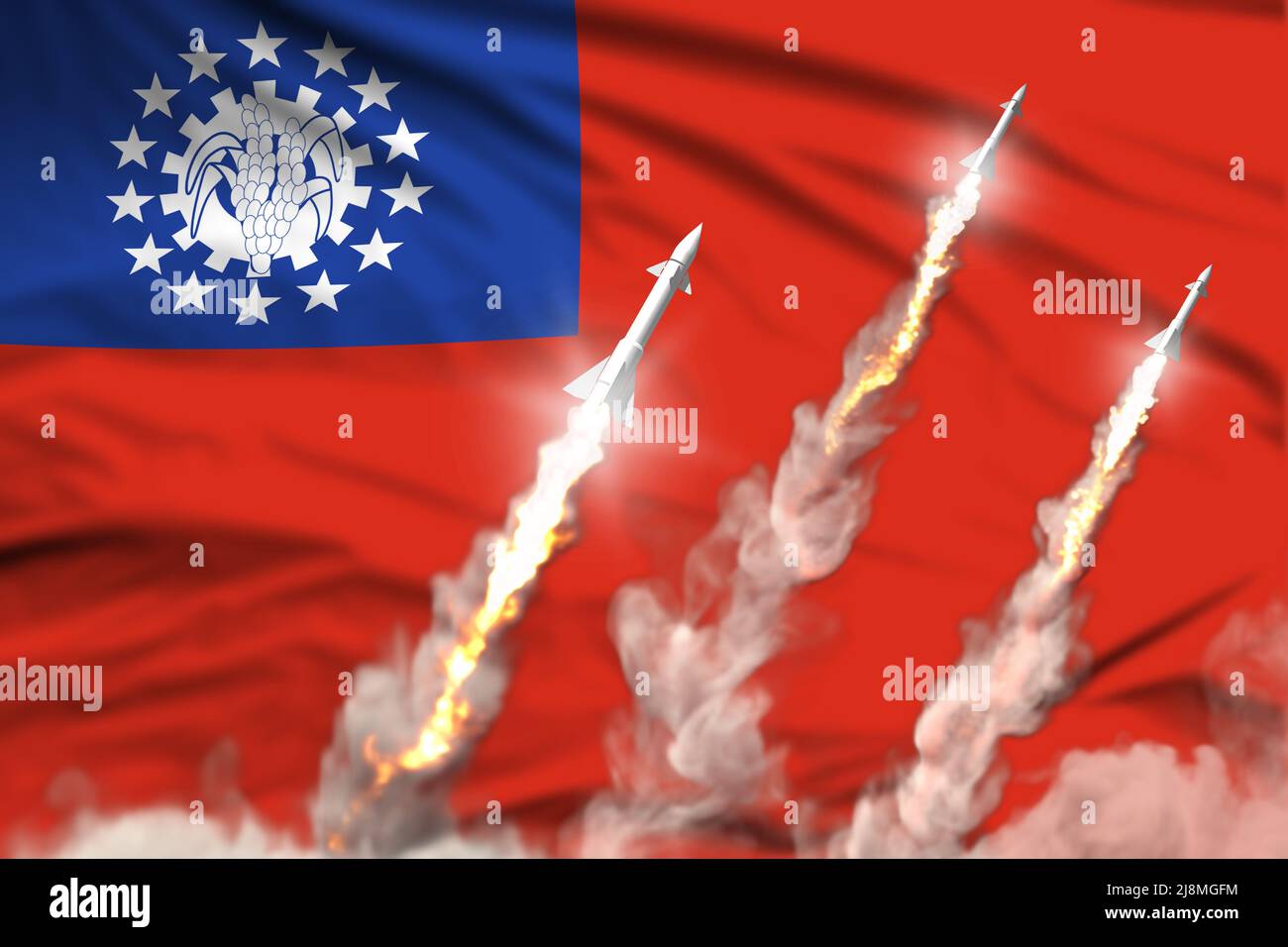 Modern strategic rocket forces concept on flag fabric background ...