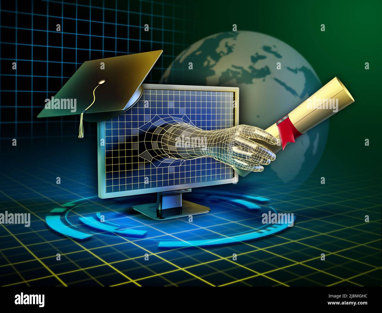 Android hand emerges from a monitor and delivers a diploma. Digital ...