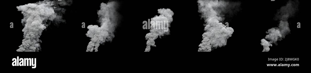 5 grey contamination smoke columns from explosion on black, isolated ...