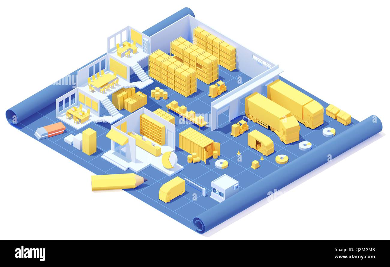 Vector isometric warehouse building on blueprint. Warehouse racking ...