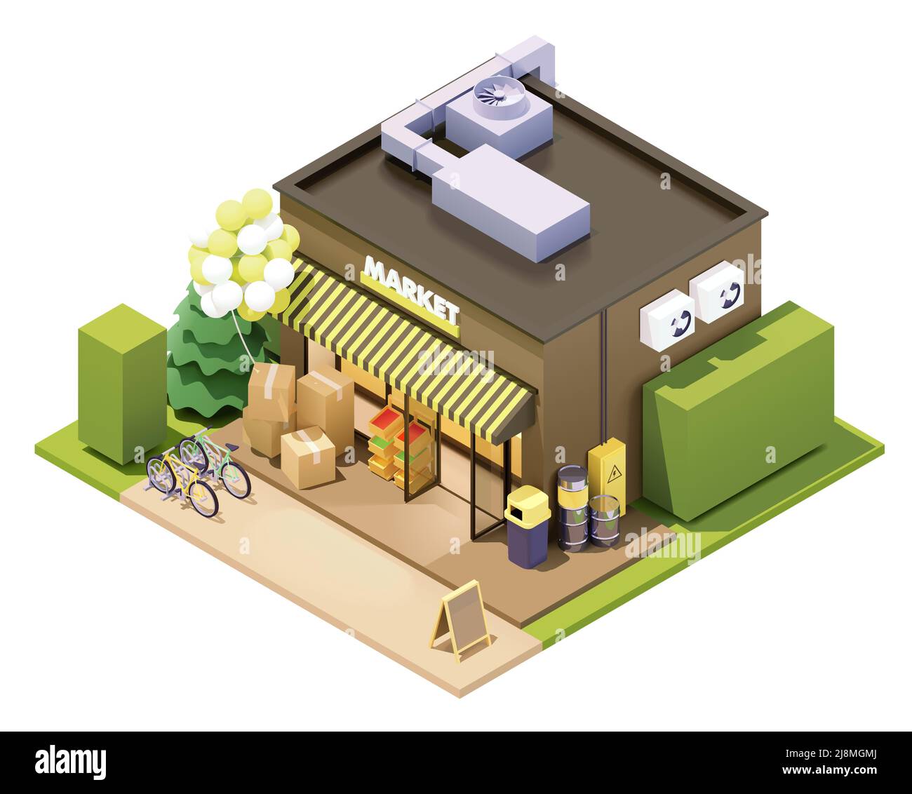 Vector isometric supermarket or grocery building. Shop building with ...