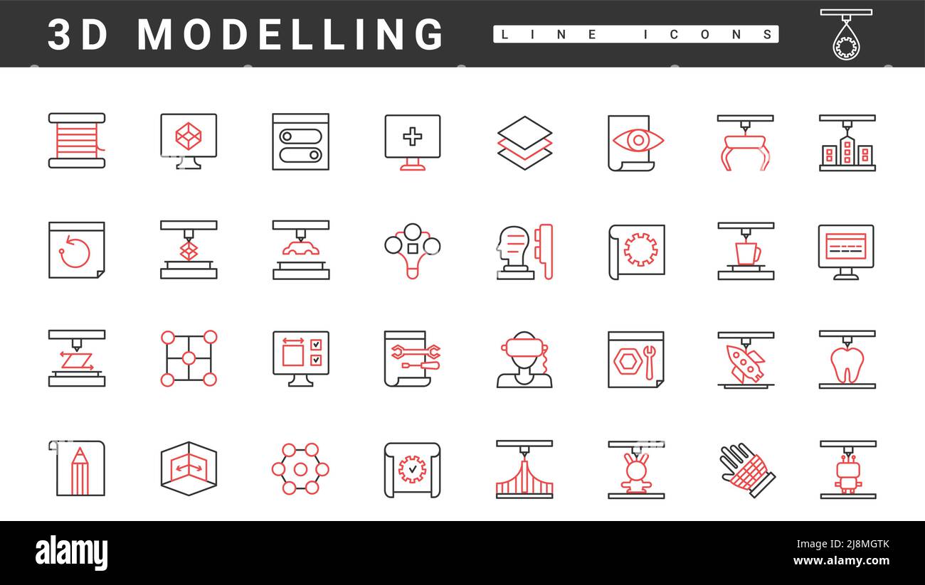 3d model printing and construction, thin red and black line icons set ...