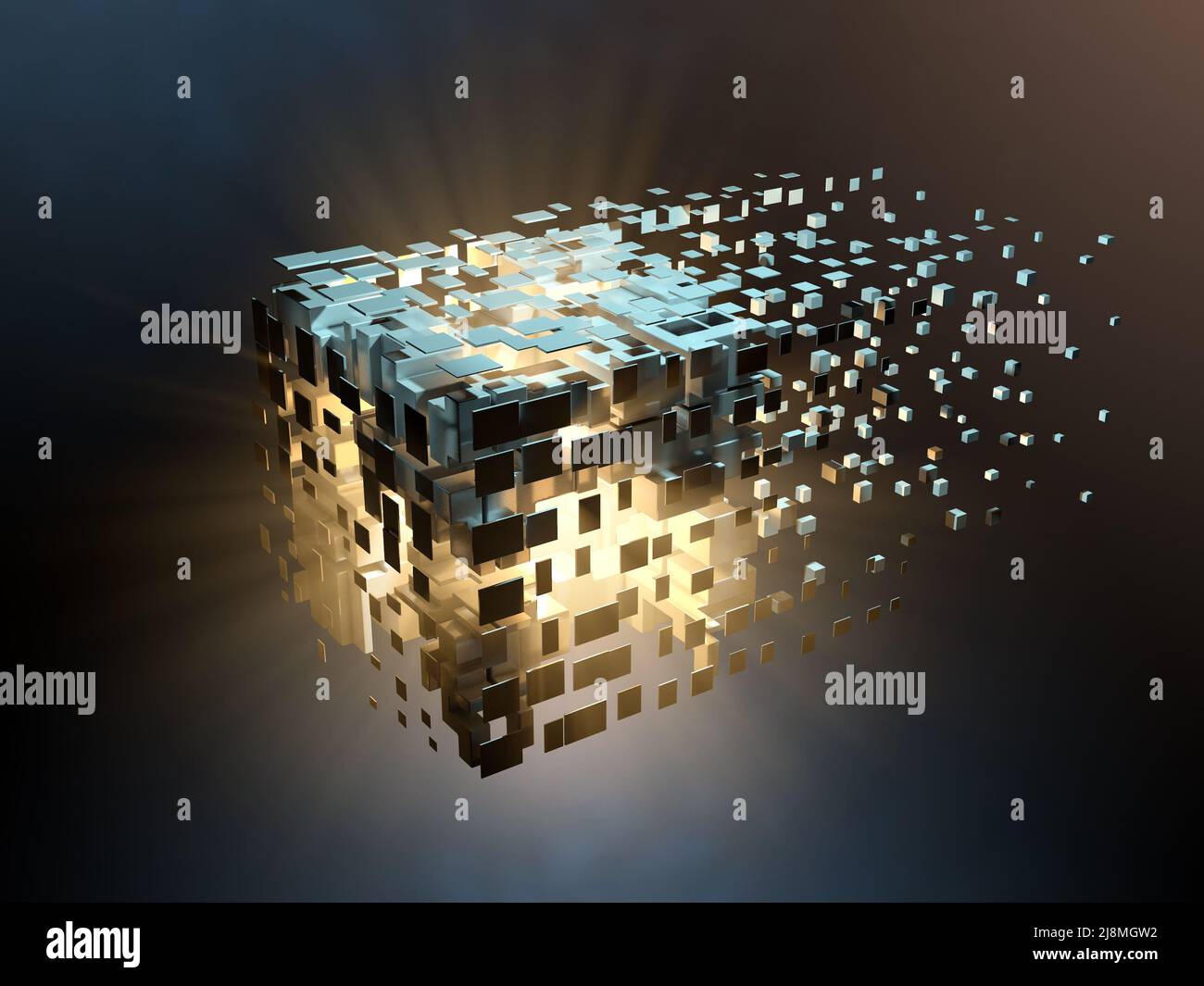 High tech cube disintegrating into cyberspace. 3D illustration Stock ...