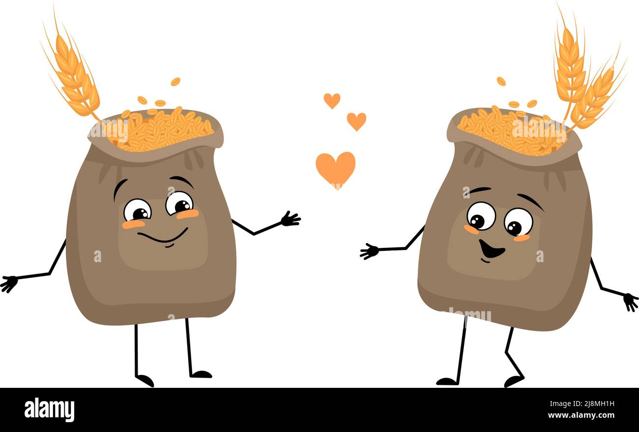 Cute sack of wheat and ear character with love emotions, smile face ...