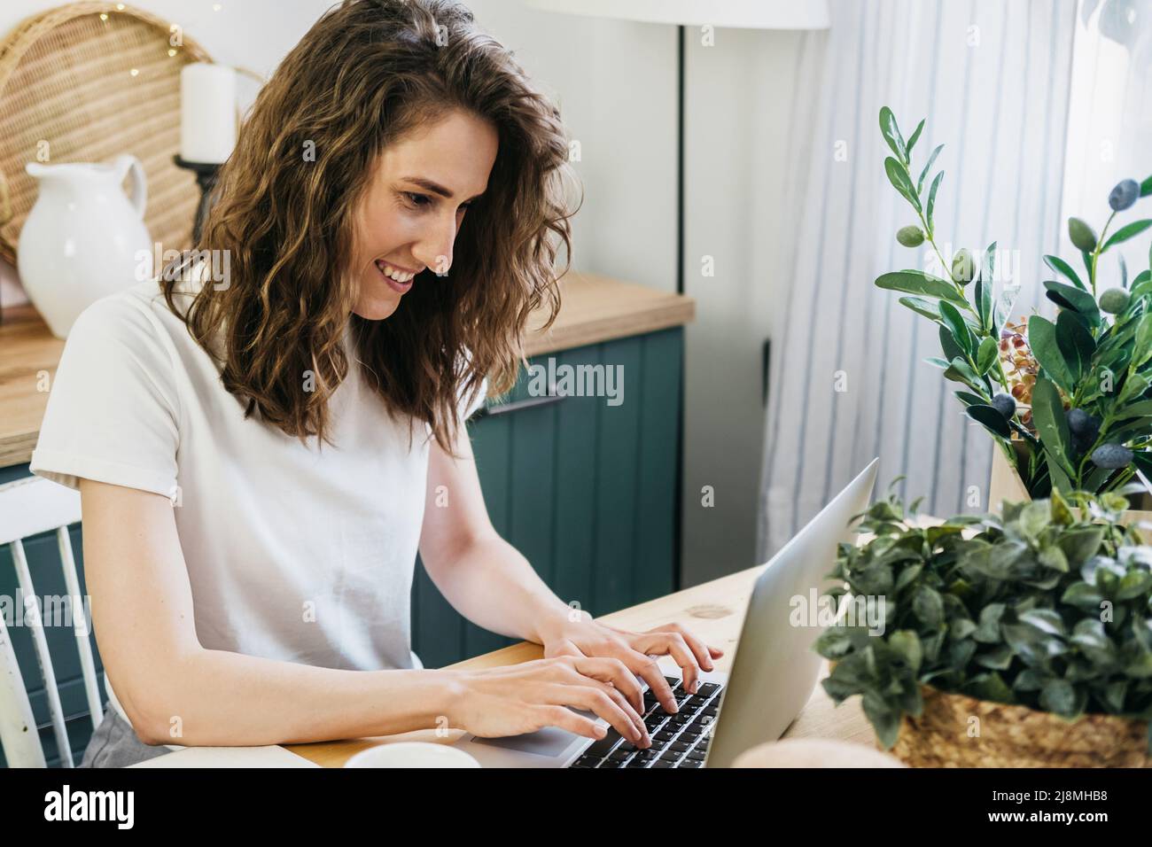 Beautiful woman in the kitchen working on a laptop Stock Photo - Alamy