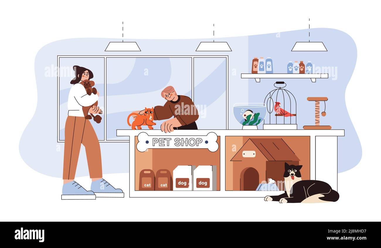 Flat pet shop with domestic animals. Customers choose pets. Store ...