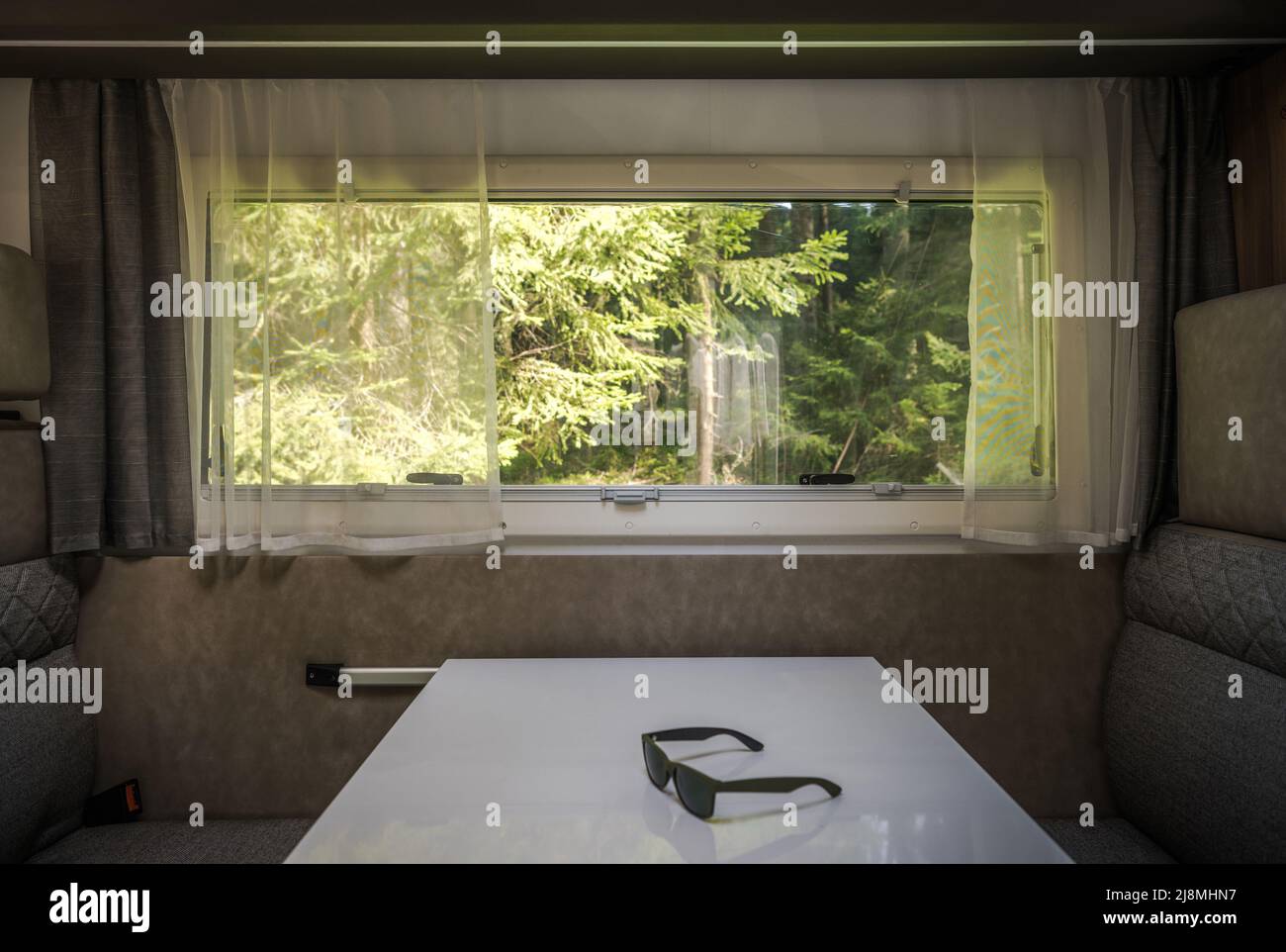 Scenic Summer Time Spruce Woodland View From RV Camper Van Dinette ...