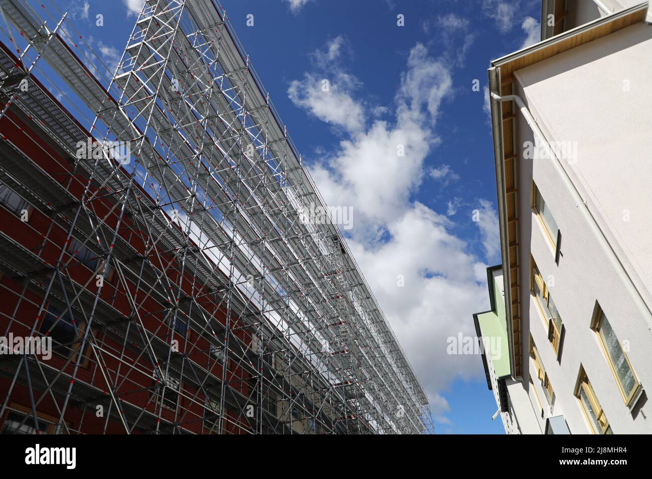 Construction site in a residential area, Uppsala, Sweden. Scaffolding ...