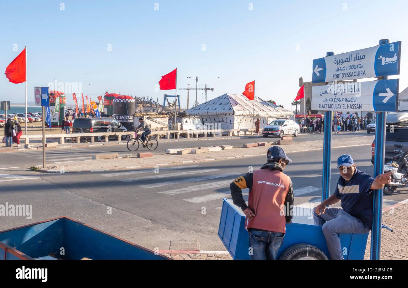 Essaouira port direction sign and Place Moulay el Hassan signs at the ...