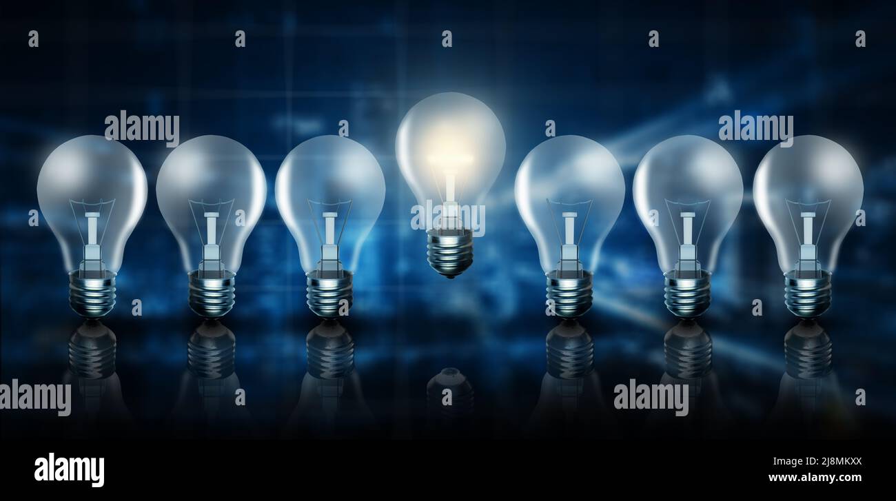 Illuminated light bulb in a row. One different glowing blue abstract ...