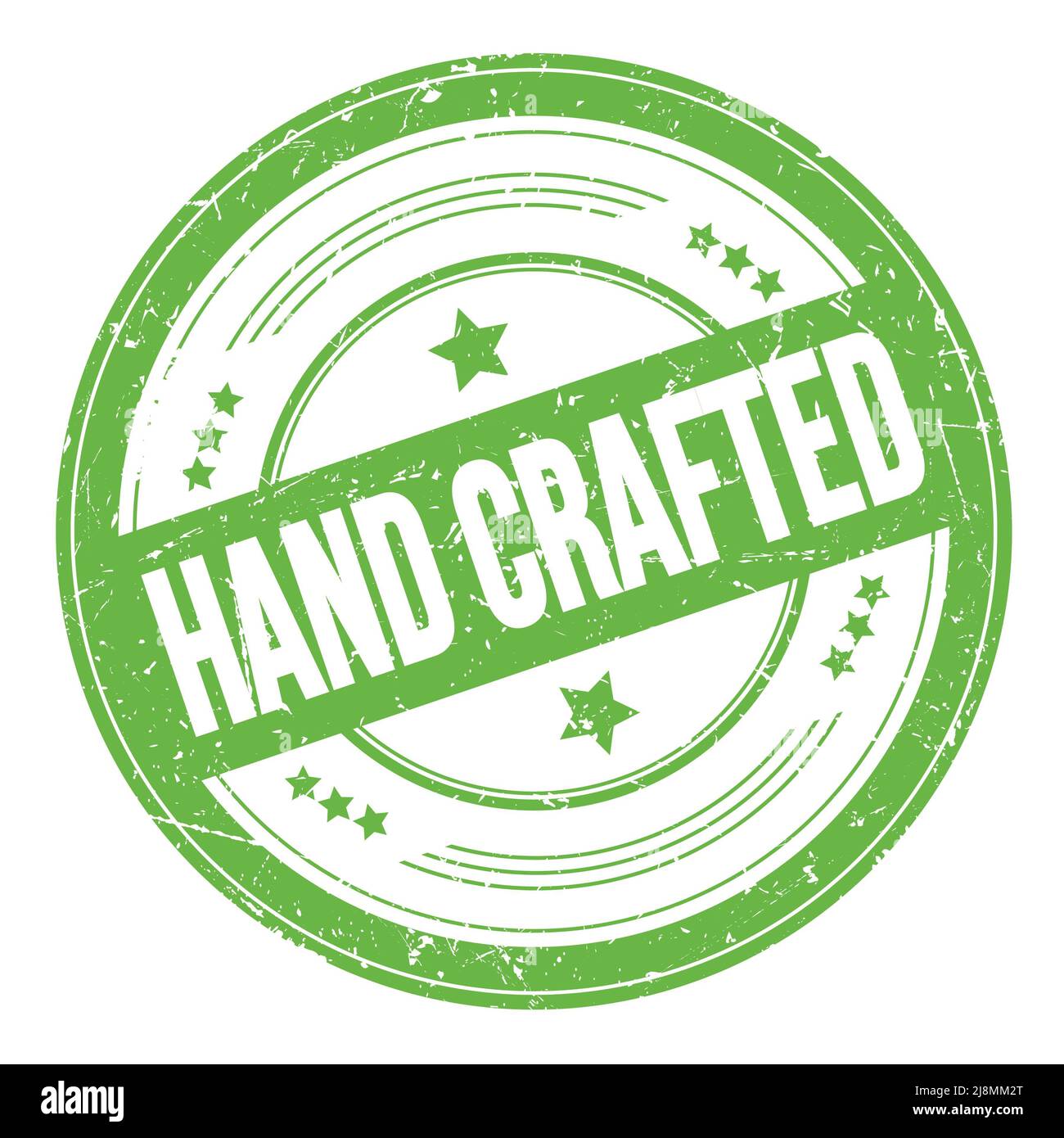 HAND CRAFTED text on green round grungy texture stamp Stock Photo - Alamy