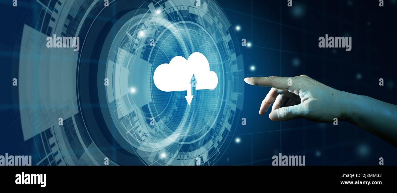 Businessman hand click on Cloud computing technology internet storage network. Blue technology ...