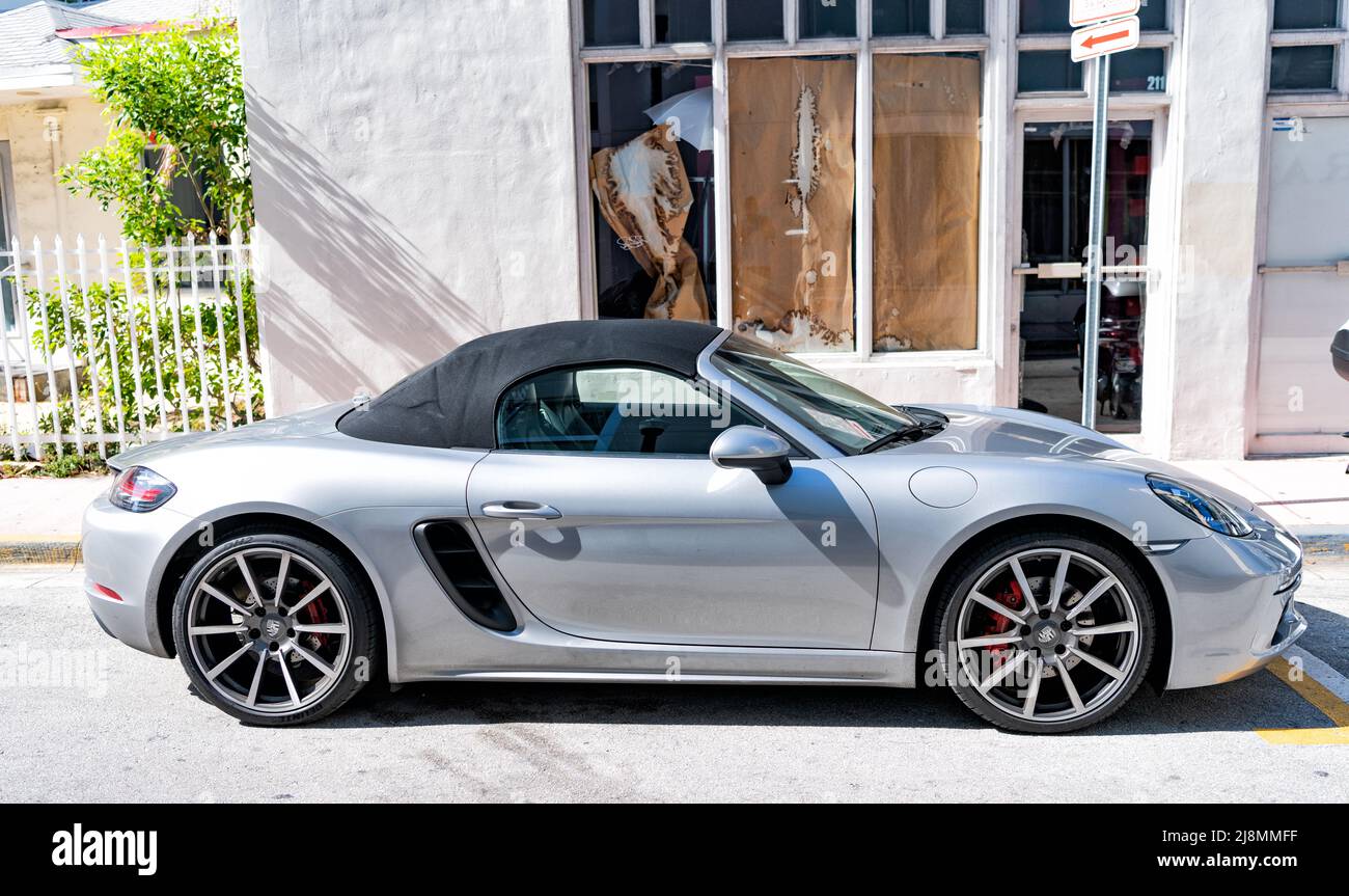 Miami Beach, Florida USA - April 14, 2021: silver porsche 718 boxster s ...