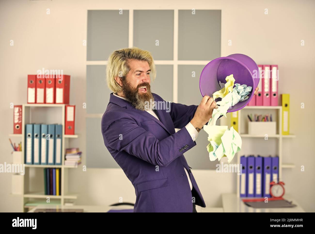 happy and funny. man read piece of paper. office worker digging in ...