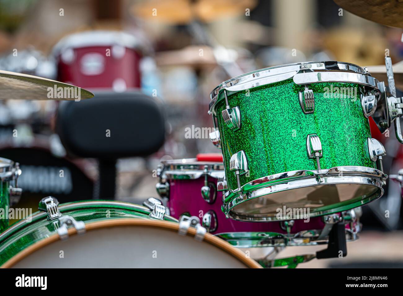 A set of plates in a drum set. At a concert of percussion music ...