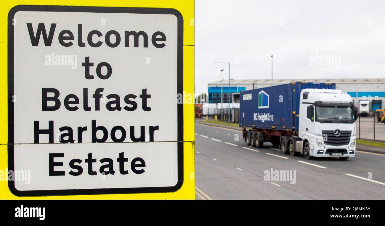 Haulage lorry drives passed a sign at Belfast Port welcoming travellers ...