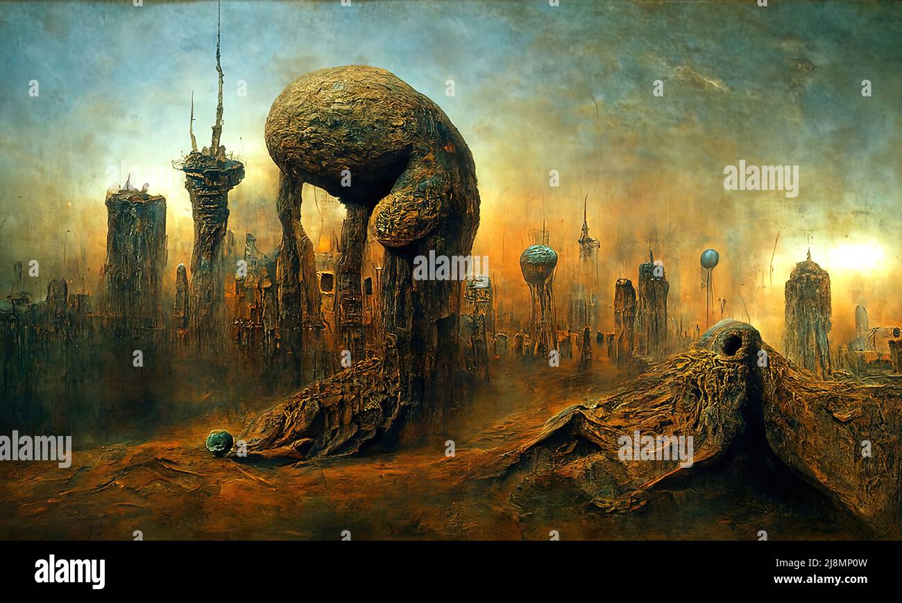 The alien city expands and merges with the horizon and the surrounding ...