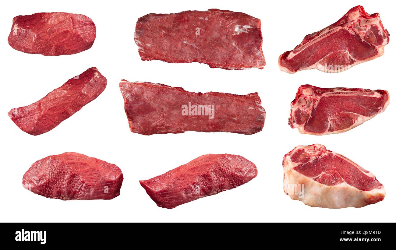 Collage of isolated raw beef meat pieces Stock Photo - Alamy