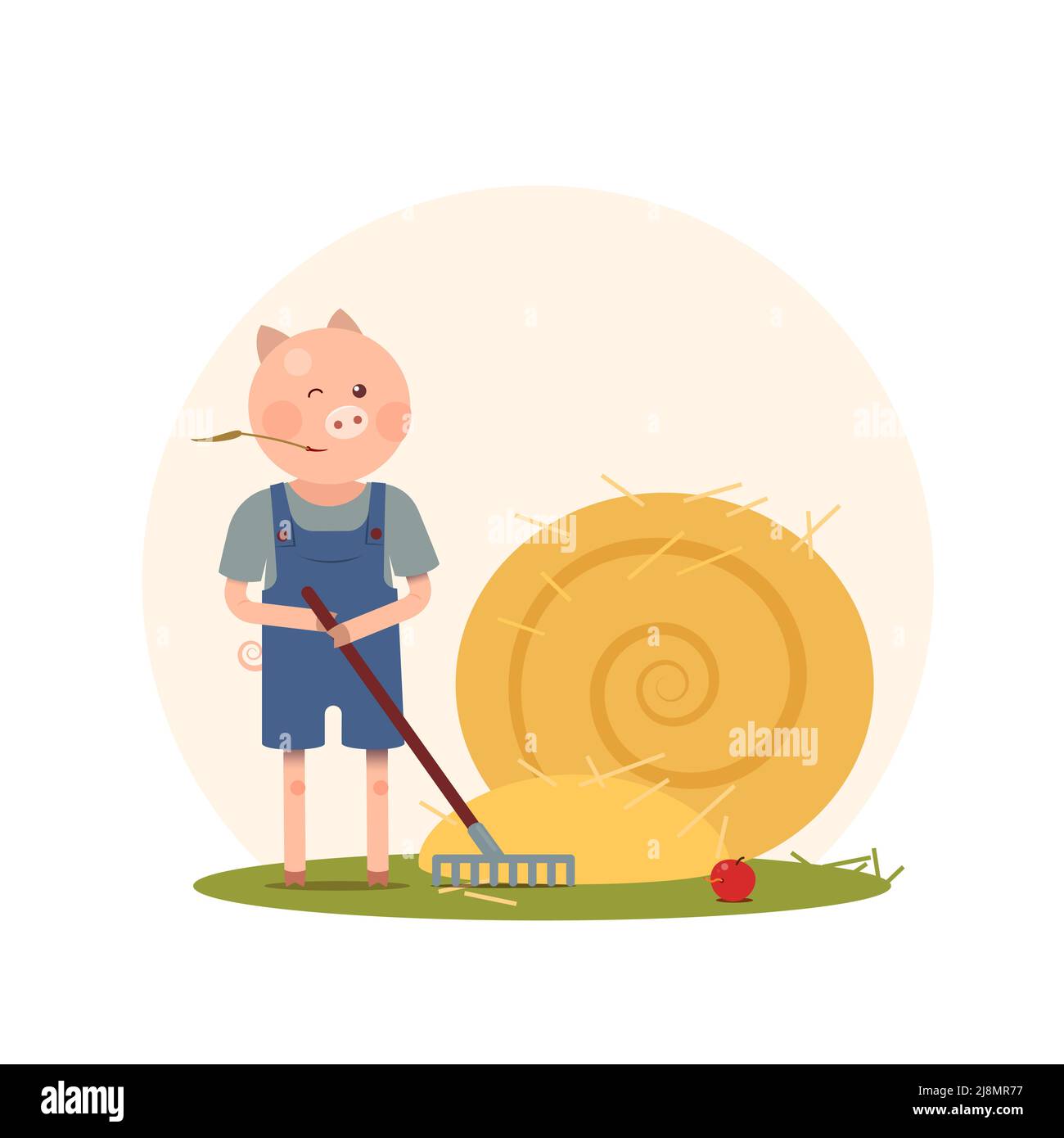 piggy farmer with hay and pitchfork - funny cartoon concept about ...