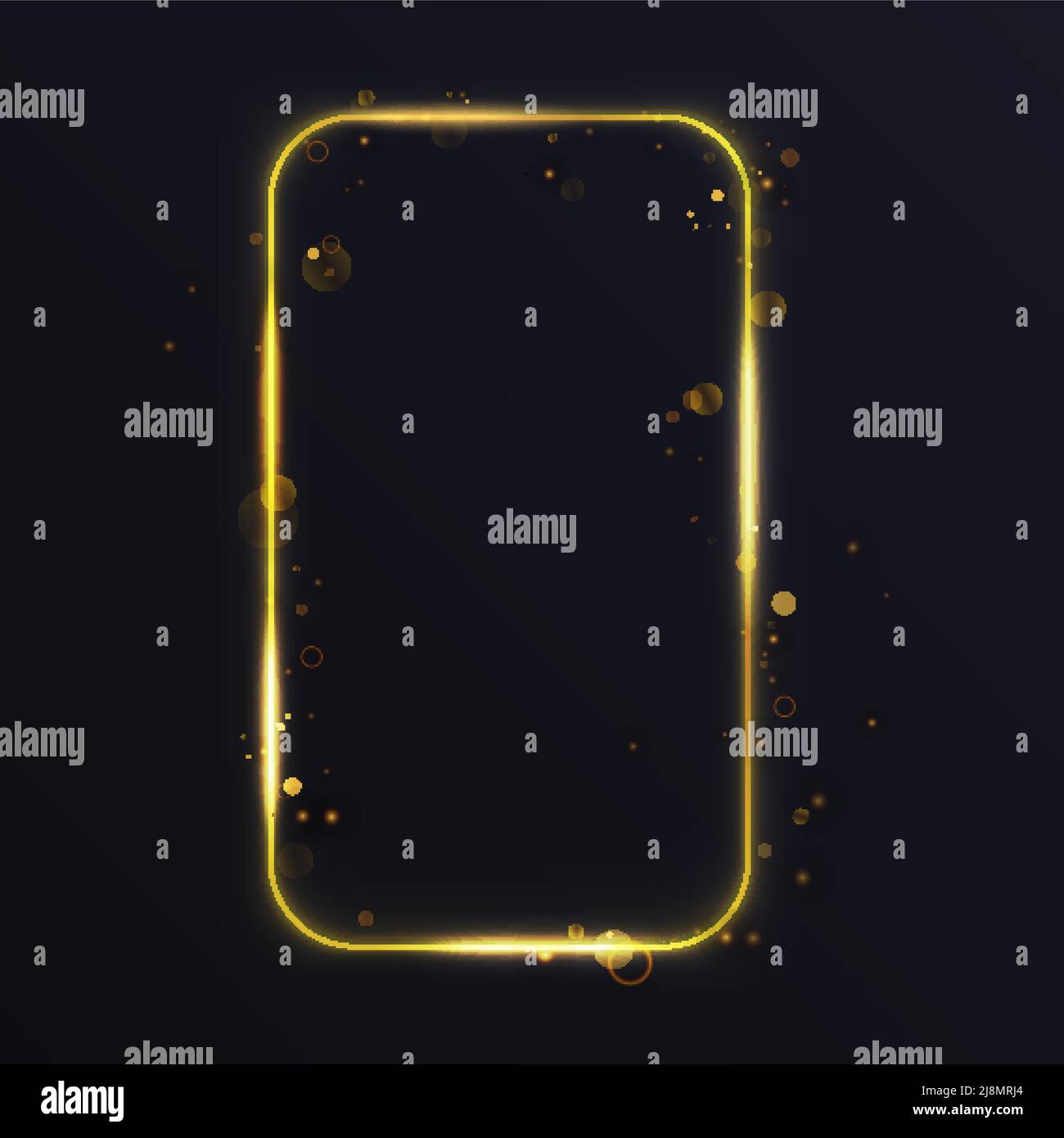Gold glowing rectangular smartphone looking frame, light effect vector illustration. Luxury ...