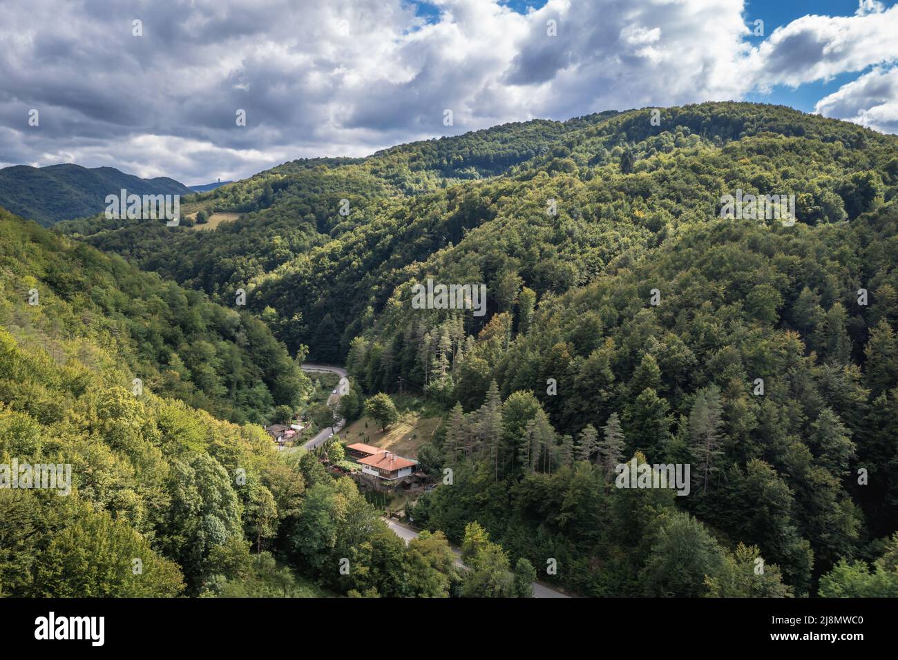 Aerial view over Etar Architectural and Ethnographic Complex near ...