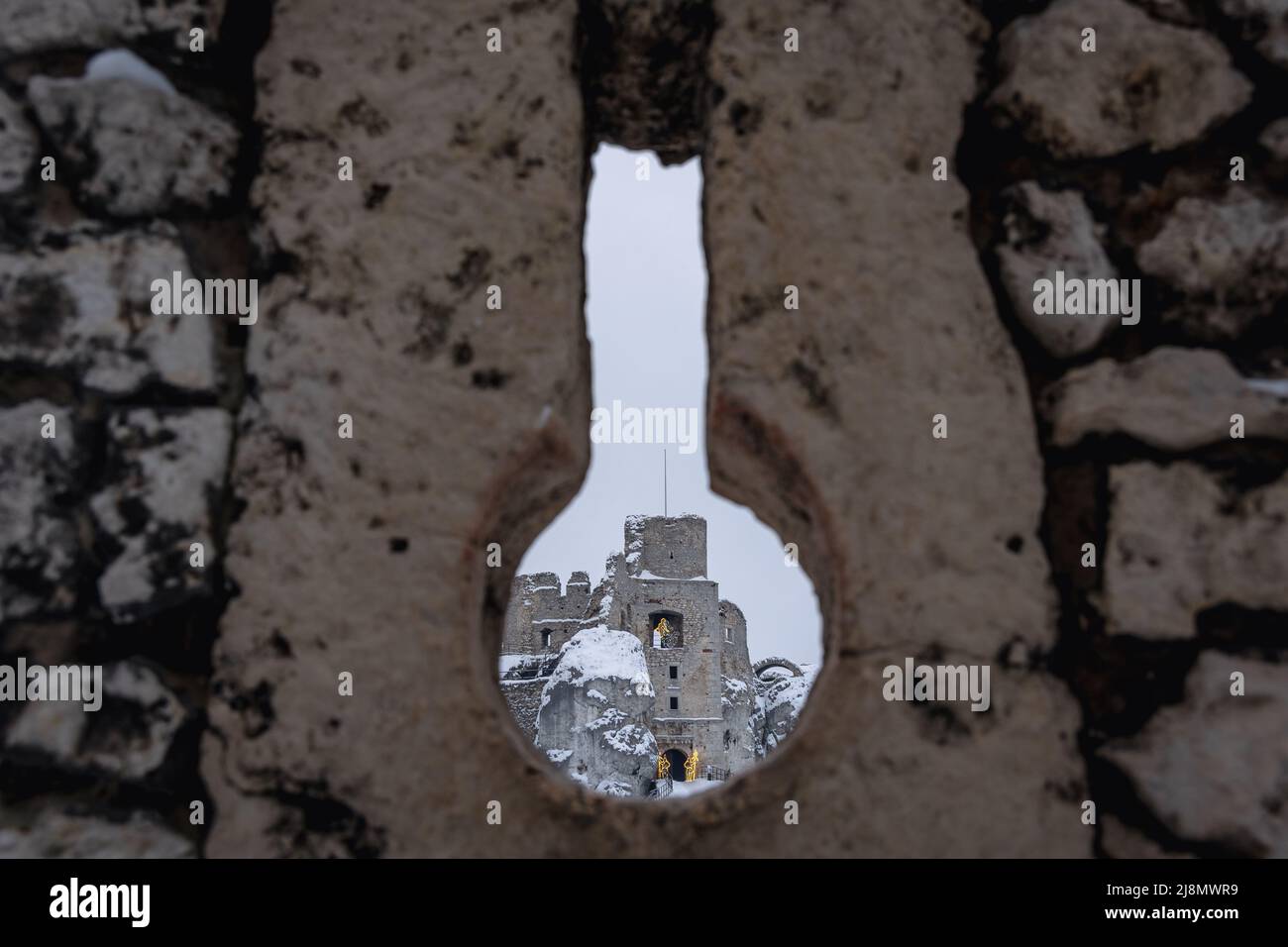 Embrasure in walls of Ogrodzieniec ruined medieval castle in Podzamcze ...