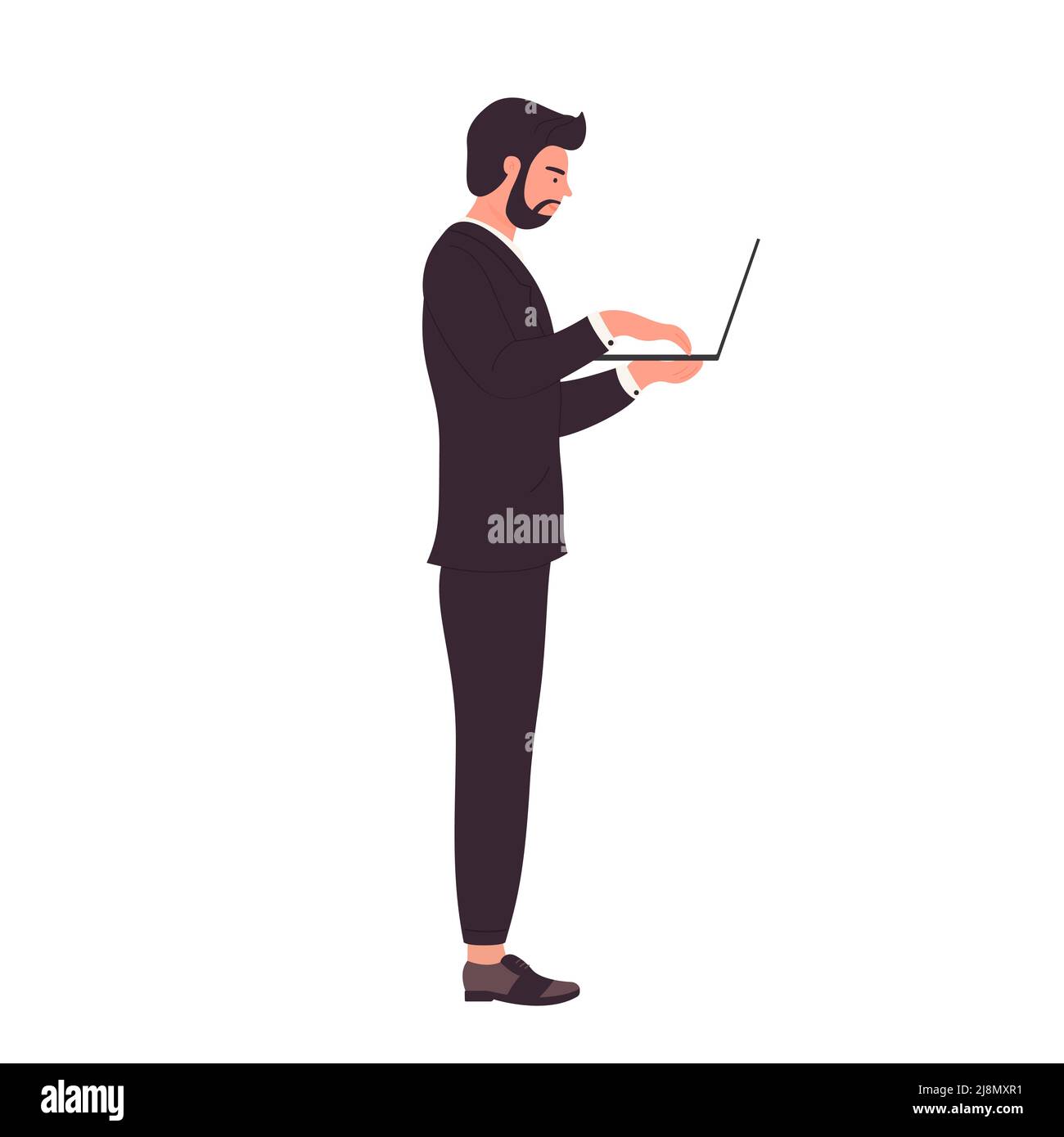 Side view of businessman with laptop. Standing manager working on pc ...