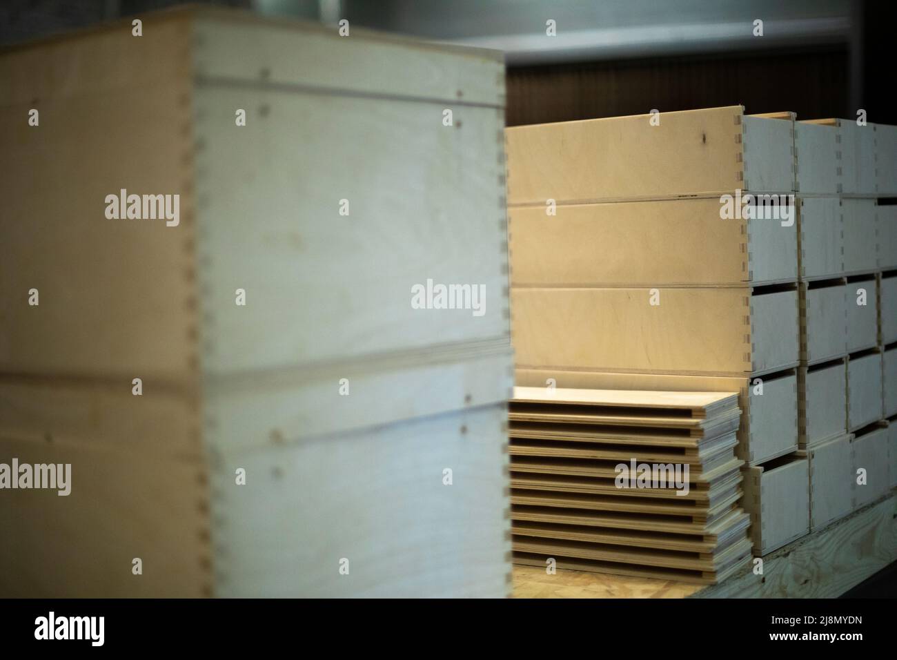 Boxes made of wood. Drawers in carpentry workshop. Woodwork. Blank from ...