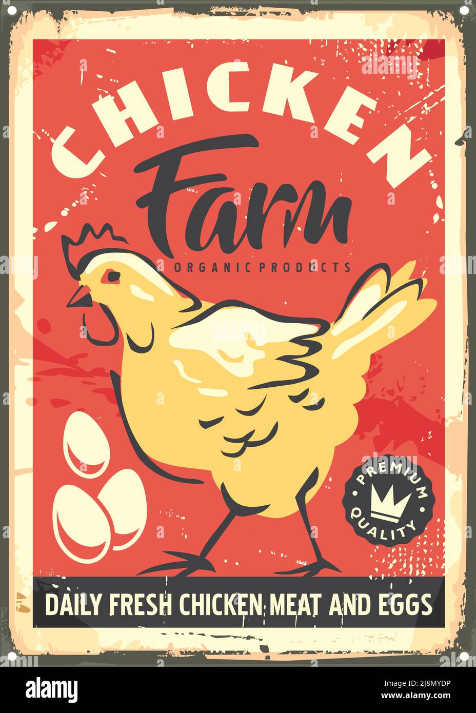 Chicken farm retro sign template with yellow chicken and eggs on old ...