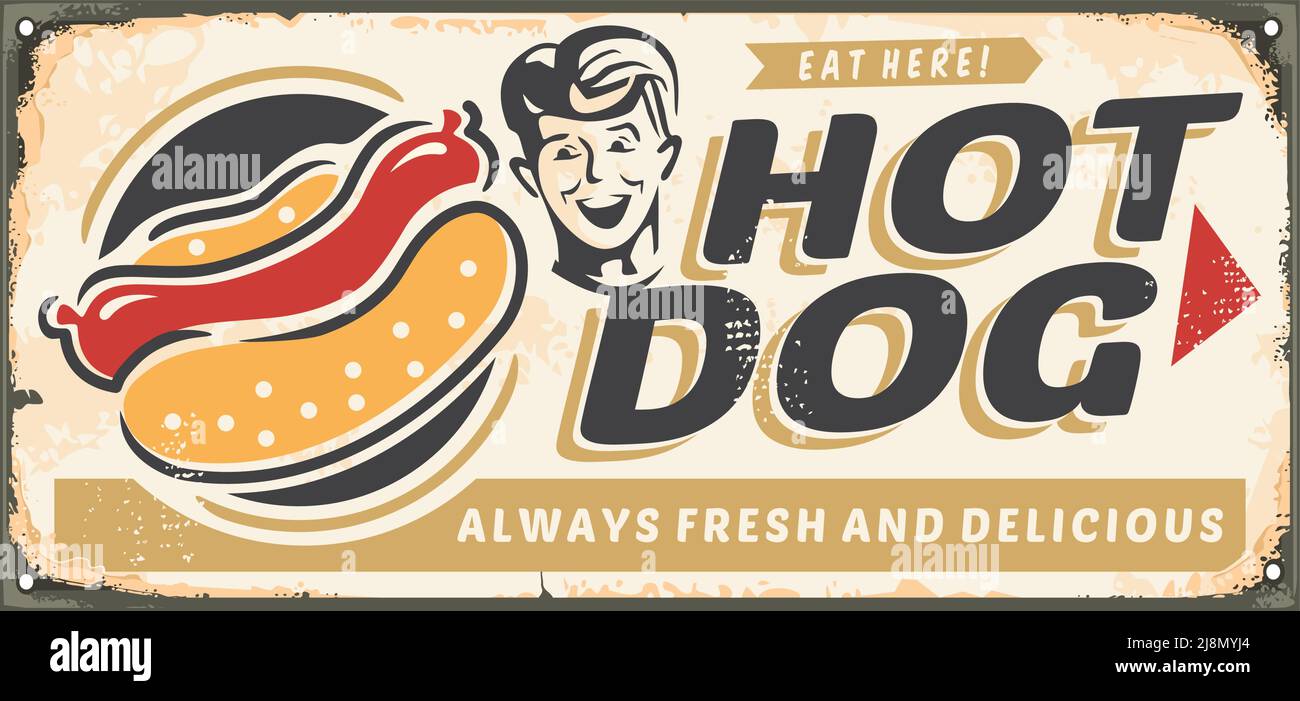 Hot dog street food restaurant sign post. Retro inscription with fast ...