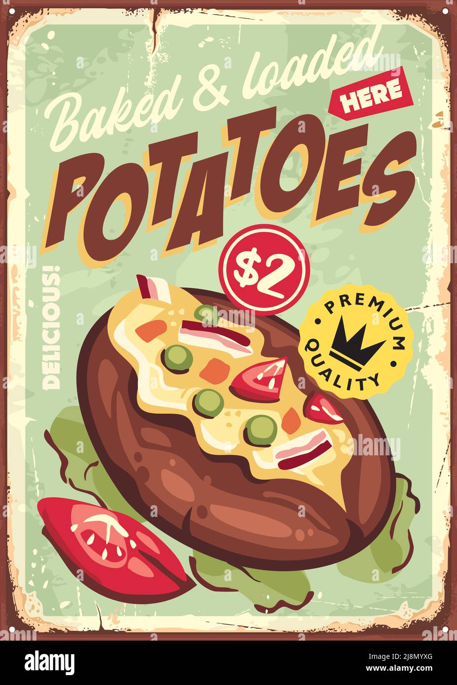 Baked and loaded potatoes vintage menu board sign design. Food retro ...
