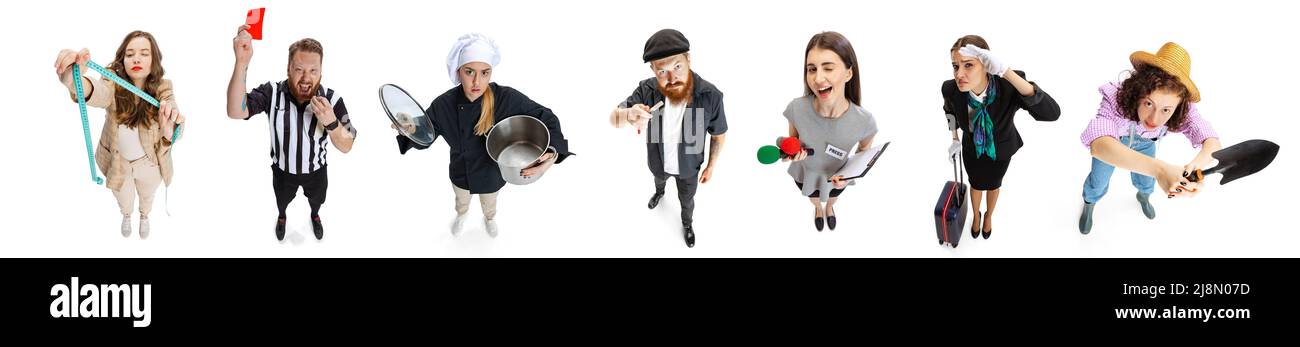 High angle view of group of men and women of different professions ...