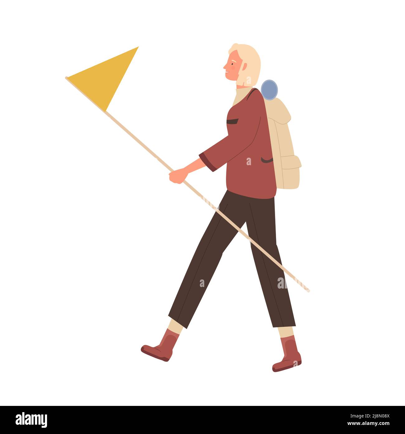 Female traveler holding flag. Hiking travelling route, tourist backpack ...