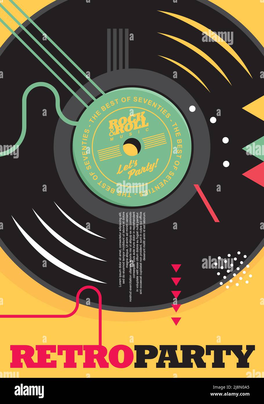 Vinyl record graphic design for retro party poster. Abstract Memphis ...