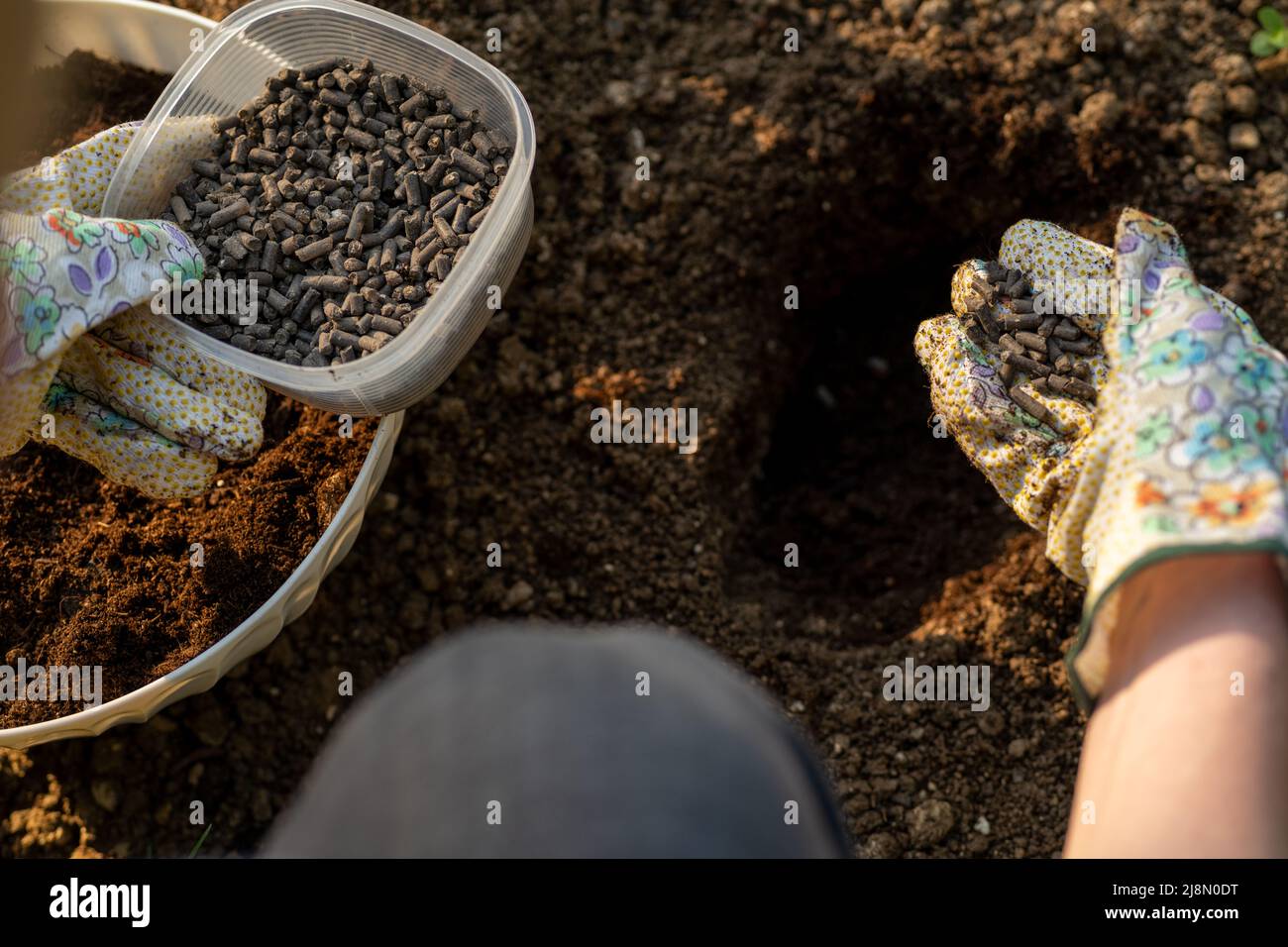 Eco friendly gardening. Woman preparing soil for planting, fertilizing ...