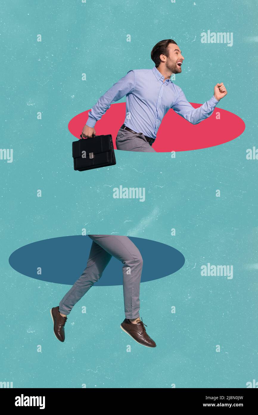 Creative retro magazine collage of guy jumping into circle legs appear ...