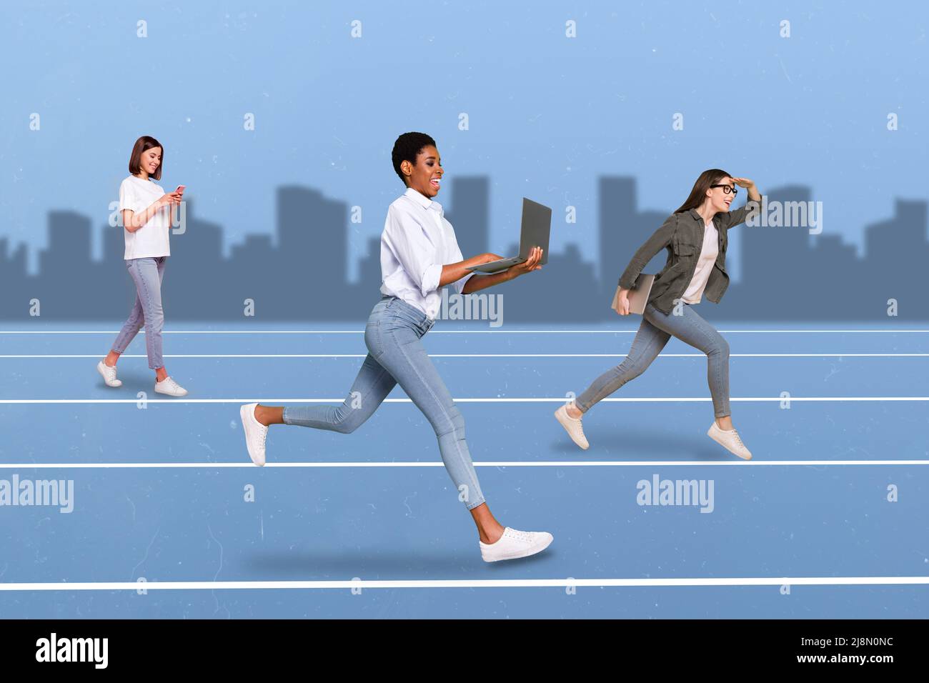 Composite illustration of running business people contest vs each other ...