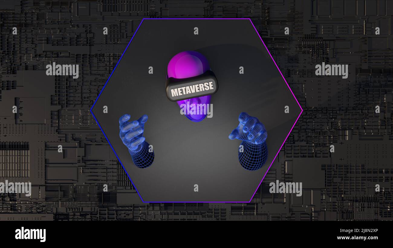 3d Metaverse concept. Futuristic digital face of a man in virtual ...