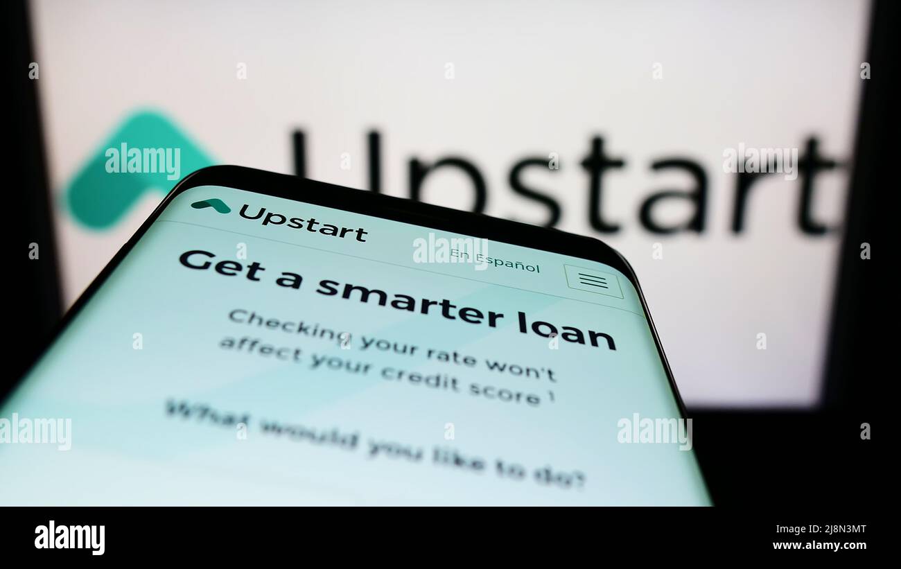 Mobile phone with website of US fintech company Upstart Network Inc. on ...