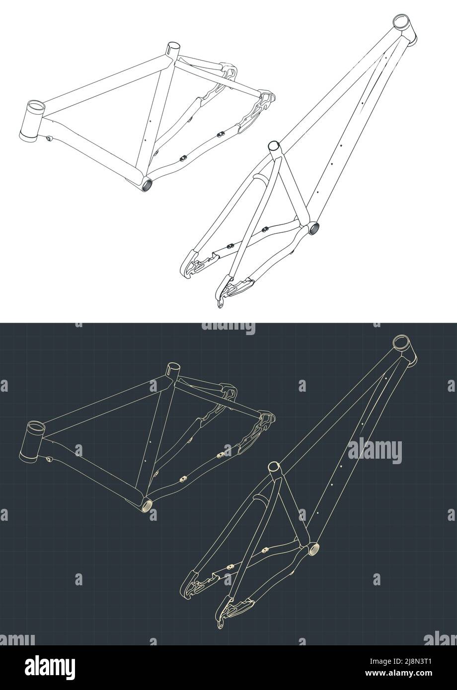 Stylized vector illustration of isometric blueprints of bicycle frame ...