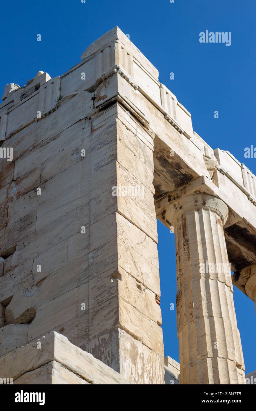 Close up of parthenon columns of acropolis of athens, greece in blue ...