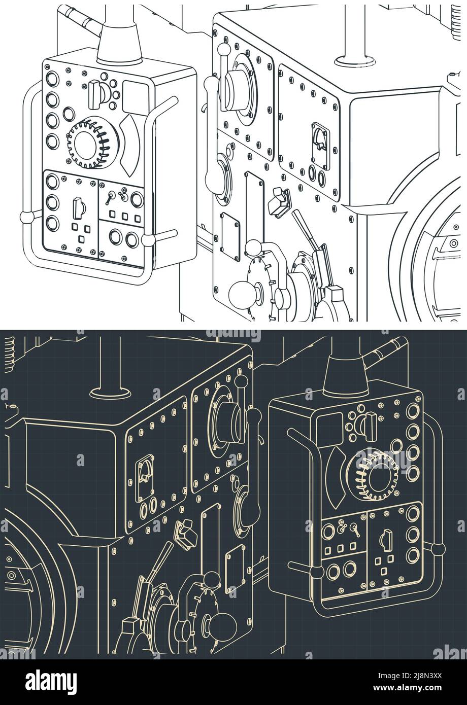Stylized vector illustration of a milling machine control module close ...