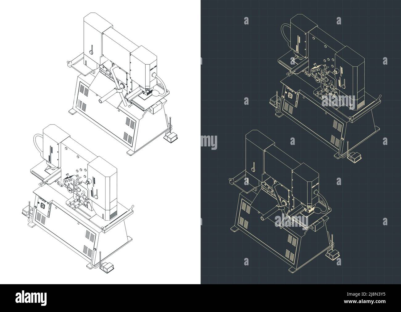 Stylized vector illustration of isometric blueprints of punch machine ...