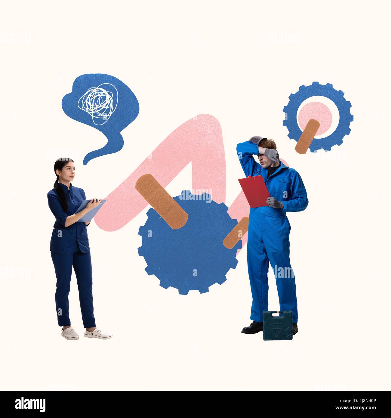 Contemporary art collage. Employees, mechanics fixing broken tools ...