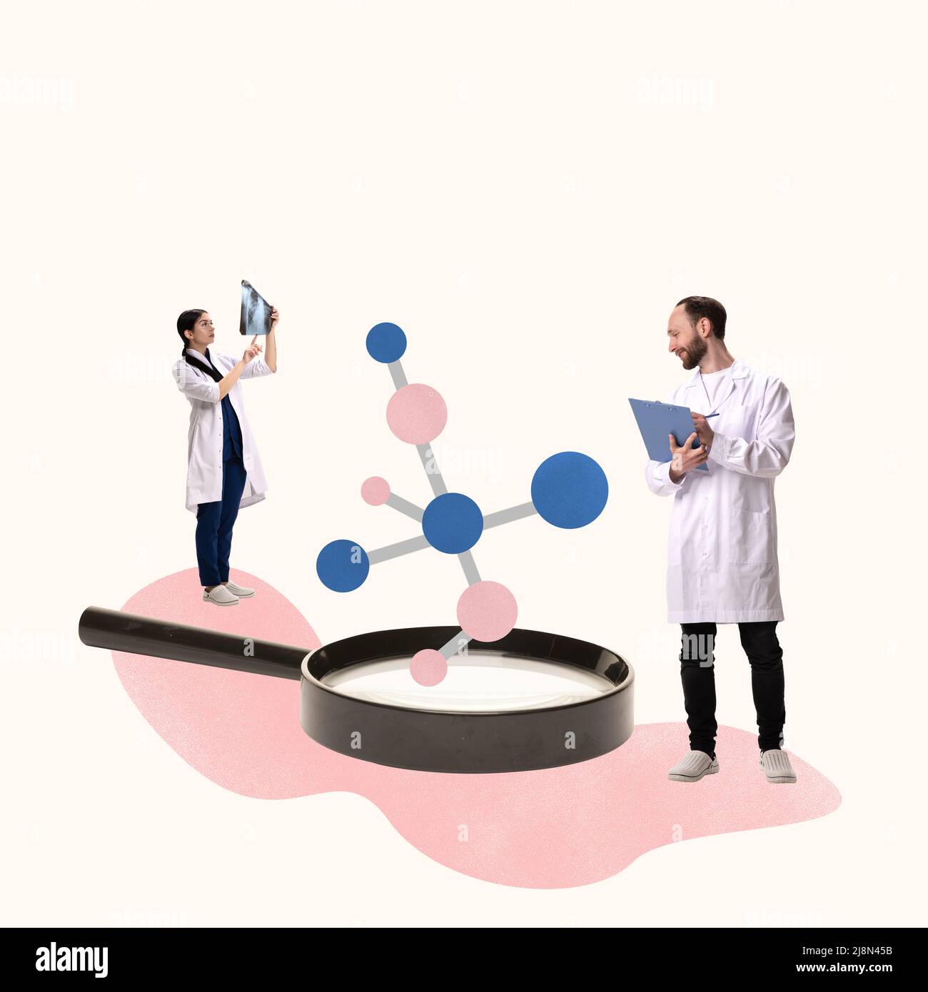 Contemporary art collage. Doctors, medical workers looking on cells ...