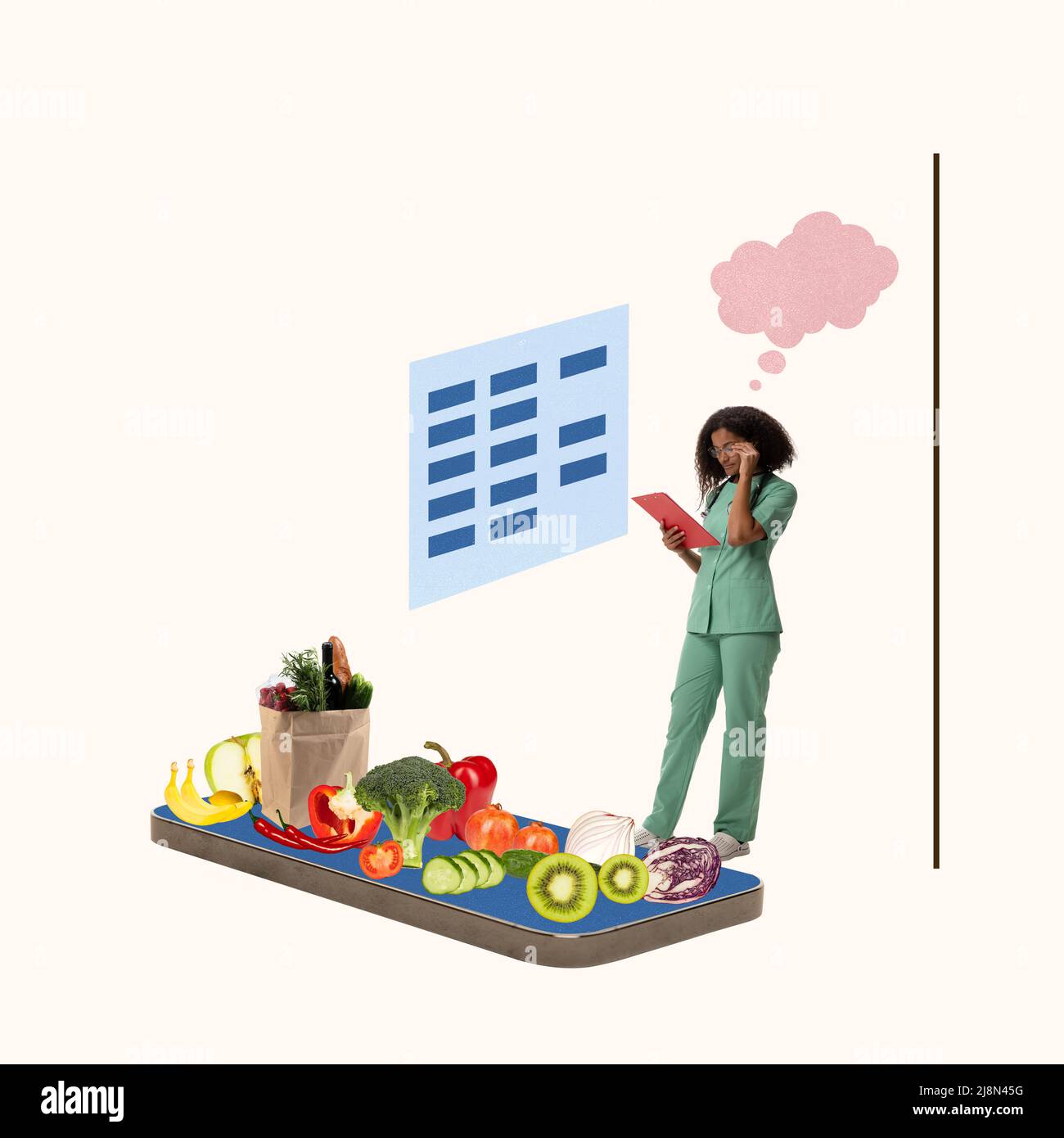 Contemporary art collage. Professional nutritionist developing dieting ...