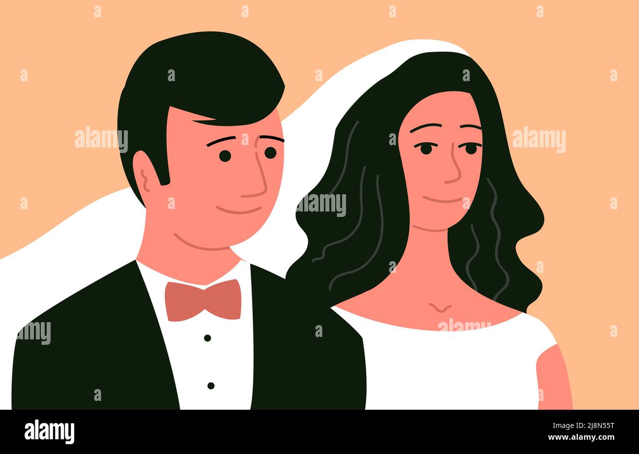 Happy cartoon bride and groom on their wedding day. Portrait of young ...