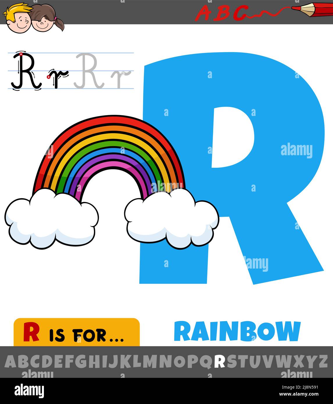 Educational cartoon illustration of letter R from alphabet with rainbow ...